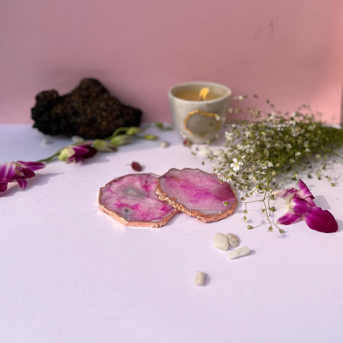 Pink Brazilian Agate Coaster With Rose Gold Plating